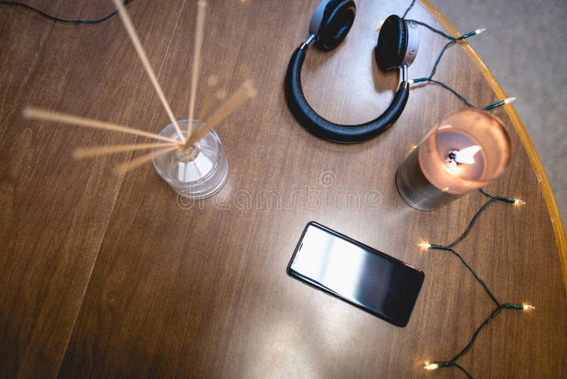 Smart Phone on Table with Decor Stock Image - Image of android, wood ...