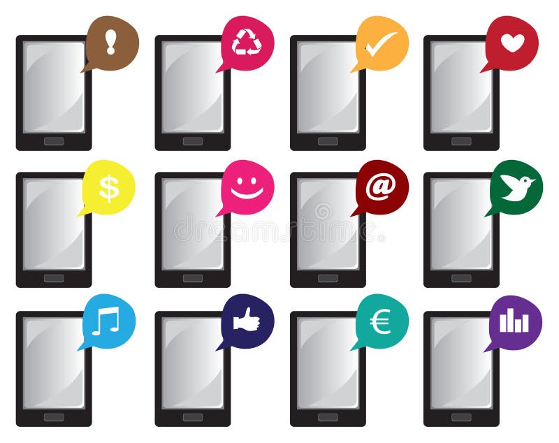 Smart Phone Vector Icons with Internet Symbols in Speech Bubbles Stock ...