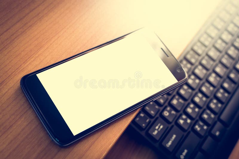 Smart Phone White Screen is on Office Desk Stock Photo - Image of ...