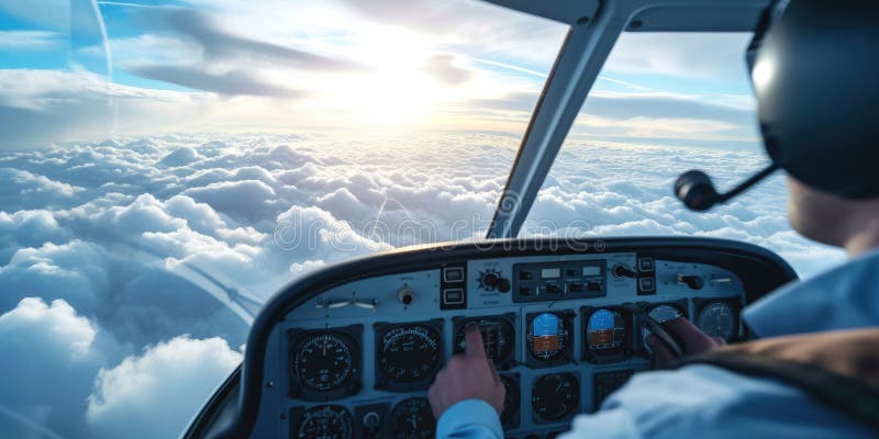 Professional Pilot Sitting at Cockpit and Using Control Panel in Plane ...
