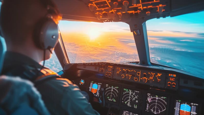 Smart Pilot Sitting at Plane and Looking at Control Panel in Flight ...