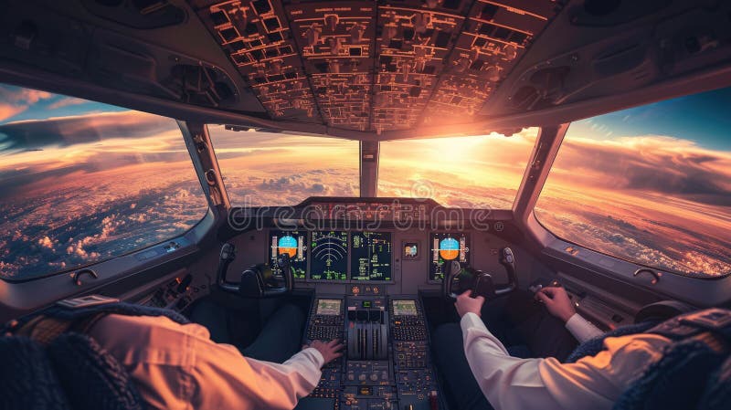 Smart Pilot Sitting at Plane and Looking at Control Panel in Flight ...