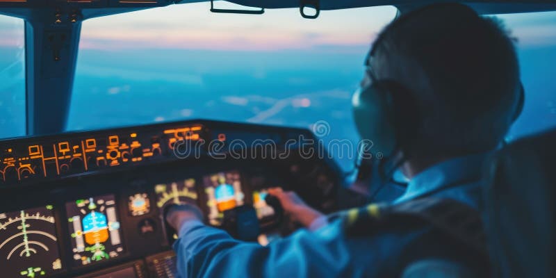 Smart Pilot Sitting at Plane and Looking at Control Panel in Flight ...