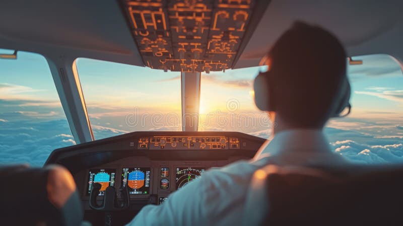 Smart Pilot Sitting at Plane and Looking at Control Panel in Flight ...