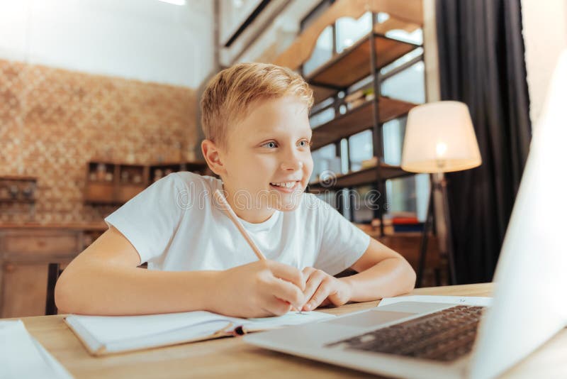 Joyful Nice Boy Doing His Home Task Stock Photo - Image of home, pupil ...