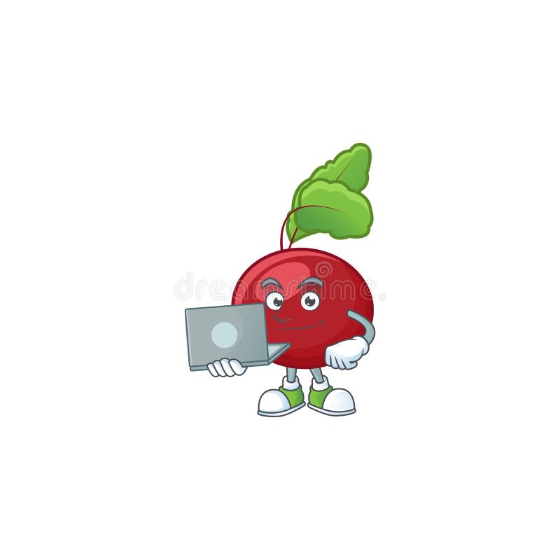 Smart Red Beet Greens Cartoon Character Working with Laptop Stock ...
