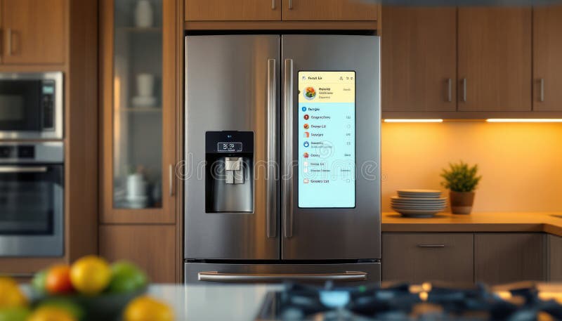 Smart Refrigerator with Digital Display in a Modern Kitchen Stock ...