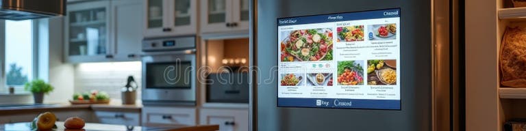 Smart Refrigerator with Digital Display Showing Recipe Suggestions in ...