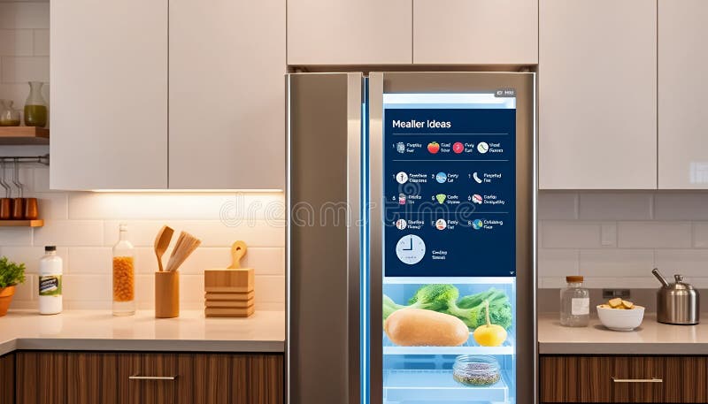 Smart Refrigerator with Digital Touchscreen Display in Modern Kitchen ...