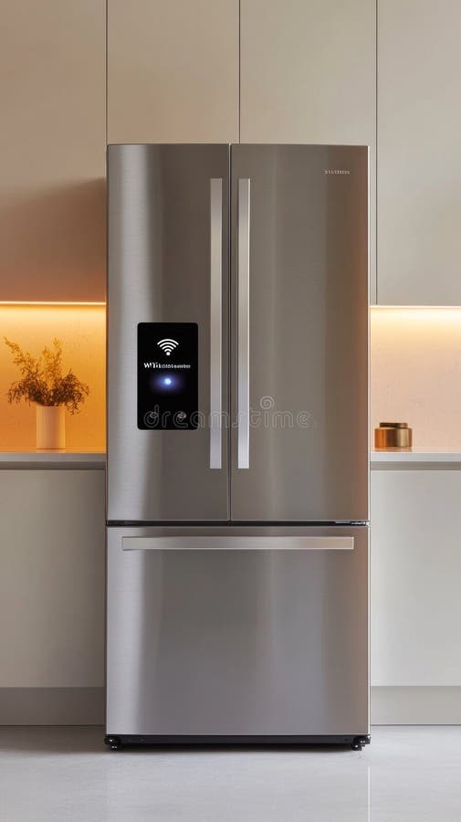 Smart Refrigerator Displaying Wifi Connection in Modern Kitchen Stock ...