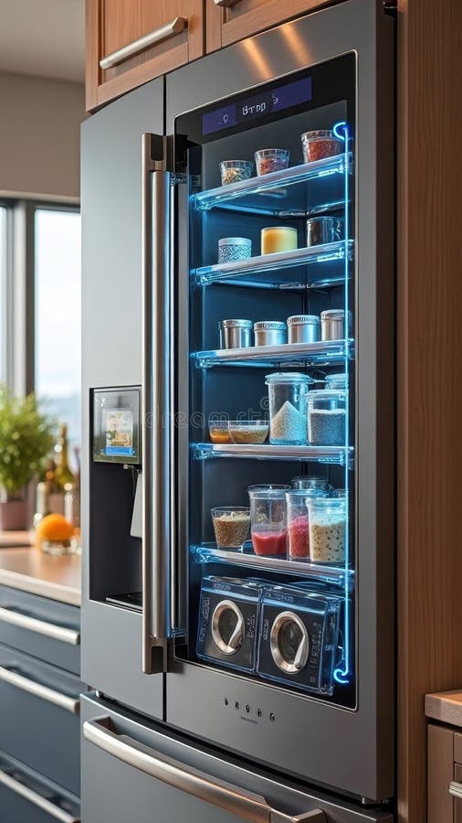 Smart Refrigerator with Glass Door Displaying Organized Food Containers ...