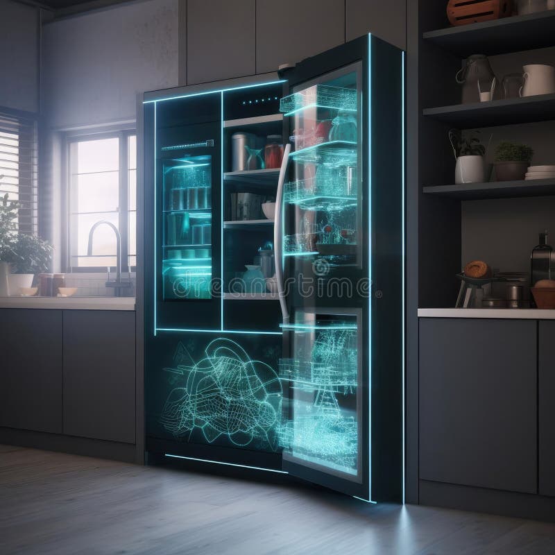 Smart Refrigerator Hologram Stock Photo - Image of security, data ...