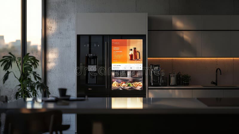 Smart Refrigerator in Minimalistic Kitchen Interior Stock Image - Image ...