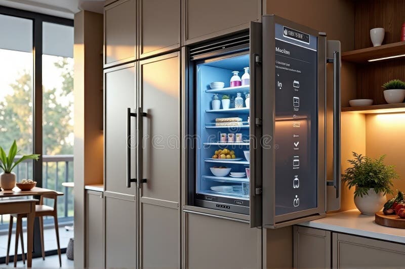 Smart Refrigerator with Open Door Displaying Fresh Groceries in Modern ...