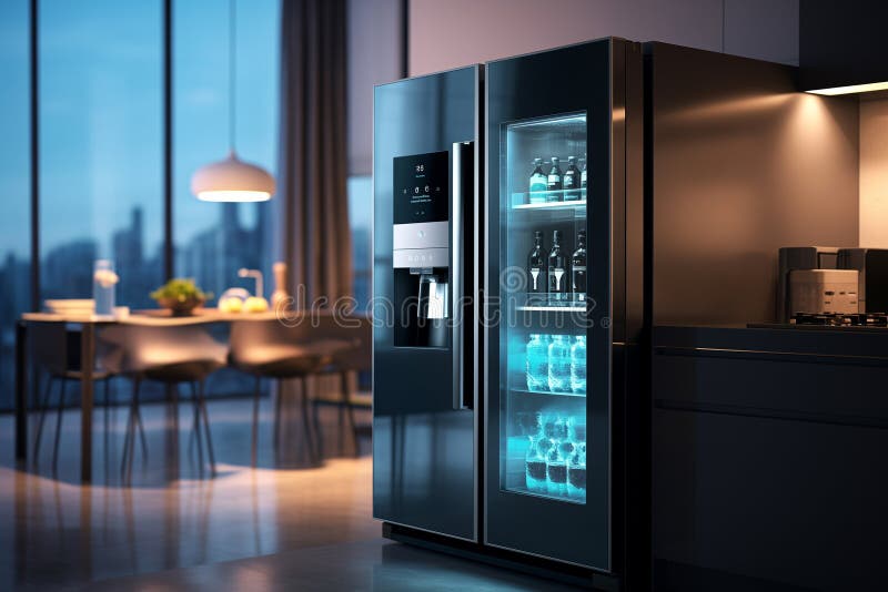 Smart Refrigerator with Touchscreen. Background with Selective Focus ...