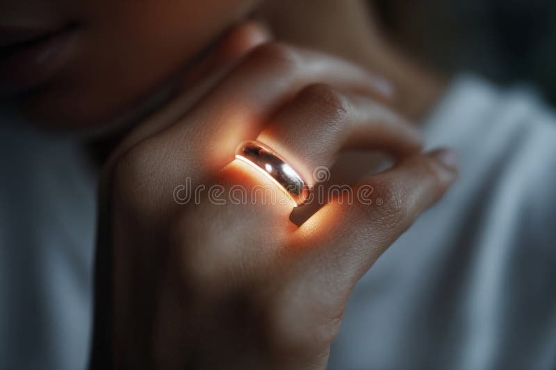 Smart Ring Glowing with Biometric Sensor Light on Human Finger Stock ...