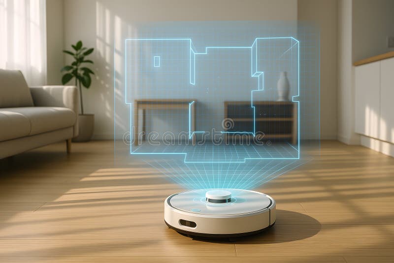 Smart Robot Vacuum Cleaner Scanning Room with Holographic Map in Modern ...
