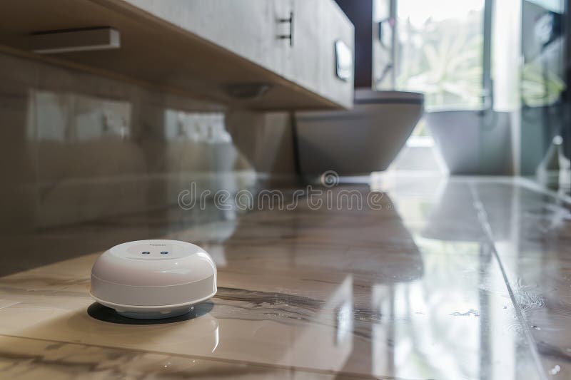 Smart Robot Vacuum Cleaning a Modern Bathroom Floor in Natural Light ...