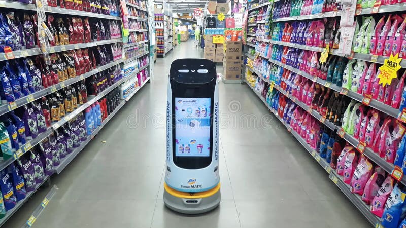 Smart Robot Walking Around in a Supermarket, Robot Sells Drinks in a ...
