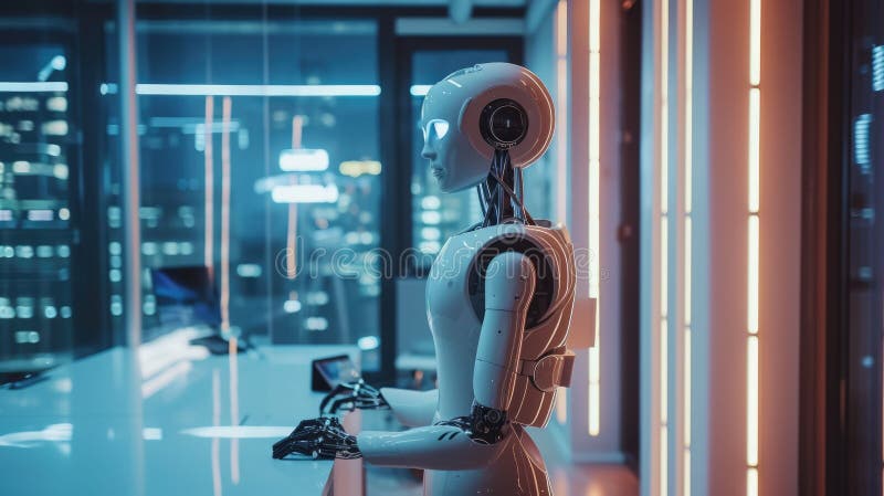 Robotic Machine Standing at Counter and Connecting with Software System ...