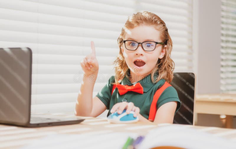 Smart School Boy at Home Writing Homework. Little Student with Notebook ...