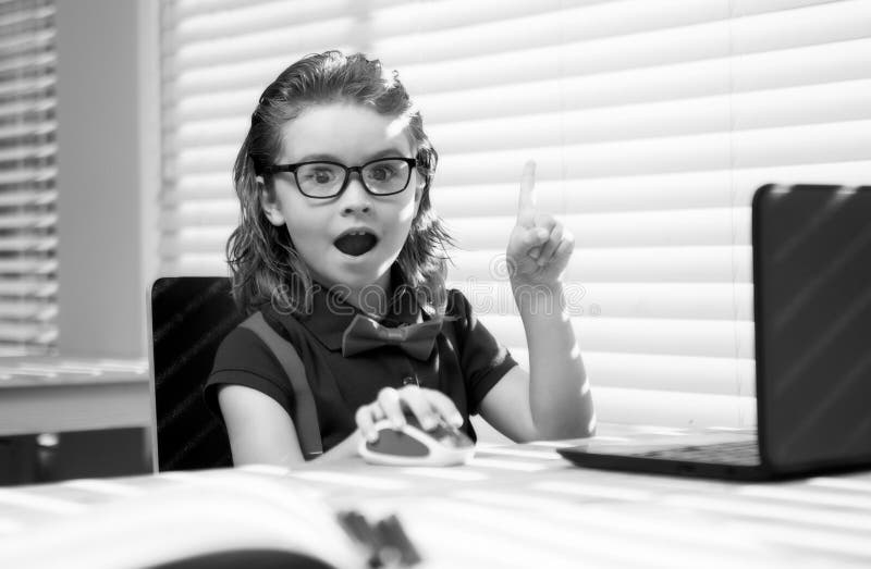 Smart School Boy at Home Writing Homework. Little Student with Notebook ...