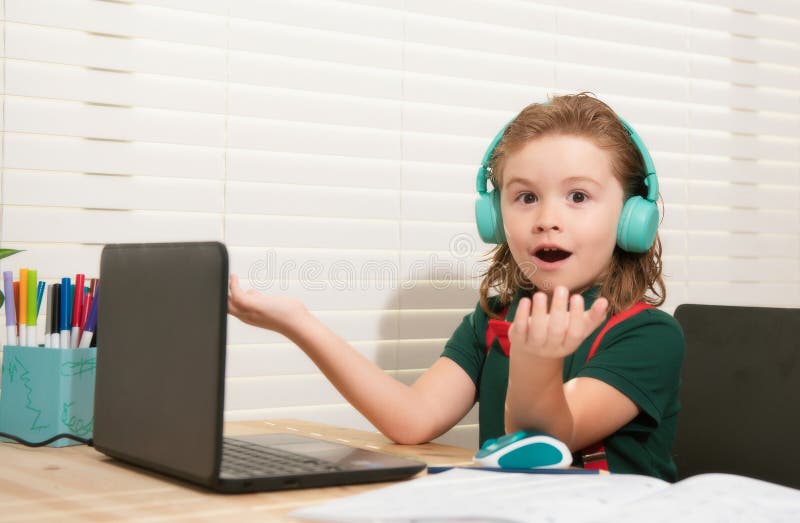 Smart School Boy at Home Writing Homework. Little Student with Notebook ...