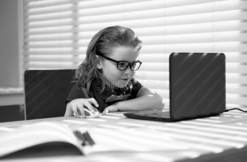 Smart School Boy Writing Homework Using Notebook Computer To Study ...