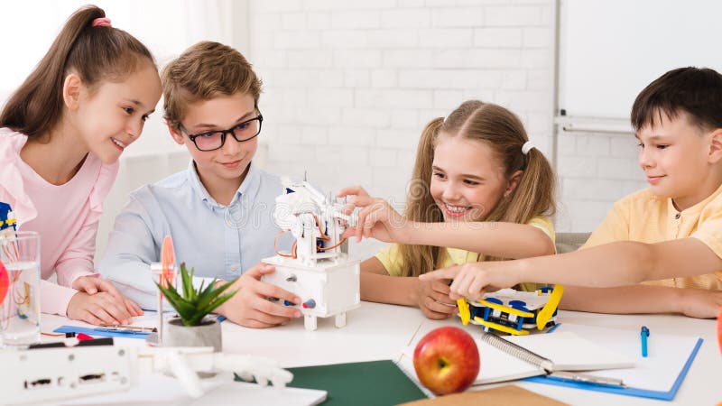 Smart School Children Touching Diy Robot at Stem Lesson Stock Photo ...