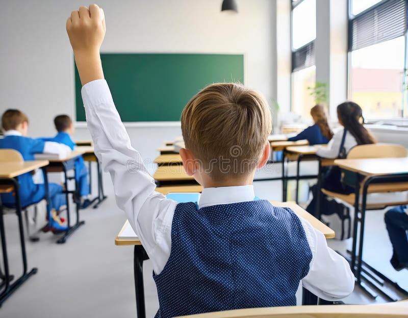 Smart Schoolboy Sits at a Desk in a Classroom with His Hand Raised ...