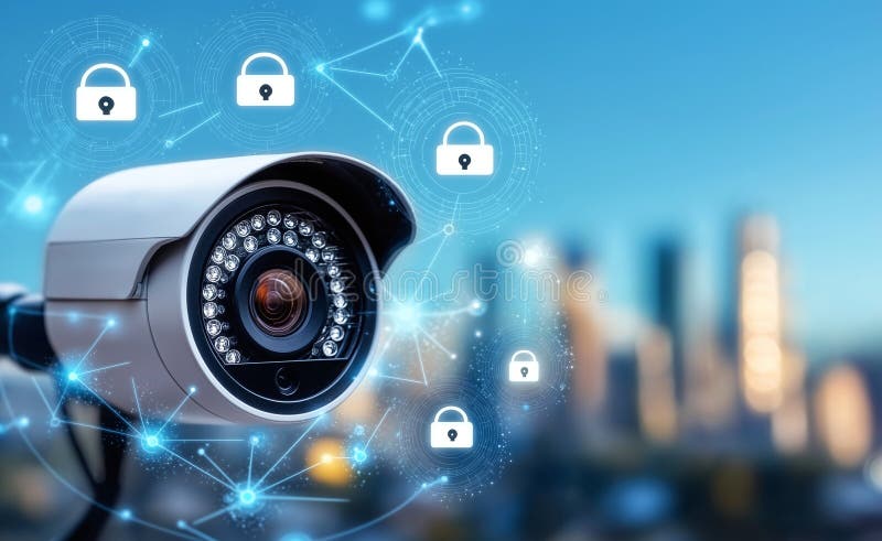 Smart Security Camera with Network of Digital Locks Symbolizing Safety ...