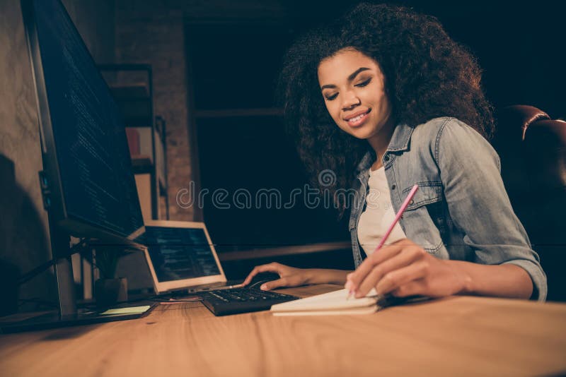 Smart Skilled Afro American Girl Professional Engineer Sit Evening Desk ... Smart Skilled Afro American Girl Professional Engineer Sit Evening Desk ...