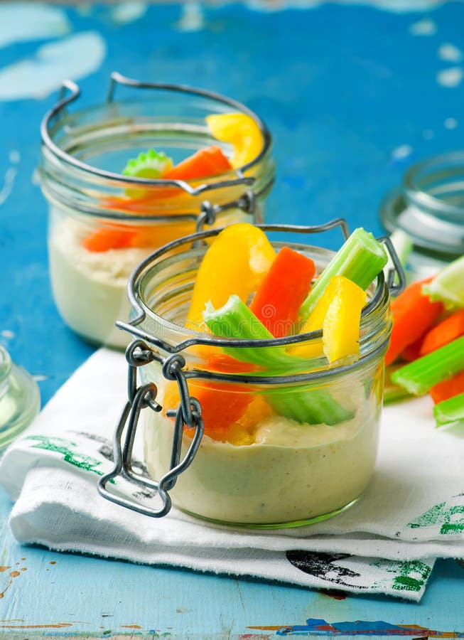 Smart Snacking Pack Veggies Dip Together in a Jar Stock Photo - Image ...