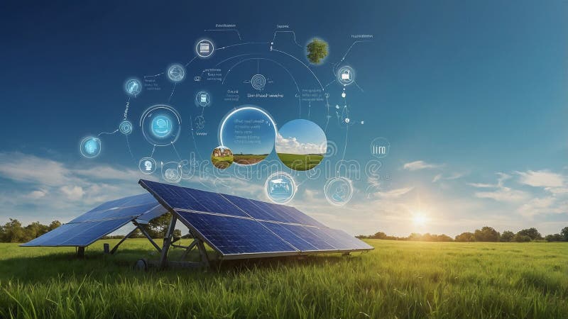 Smart Solar Panel Technology in Green Field Stock Illustration ...