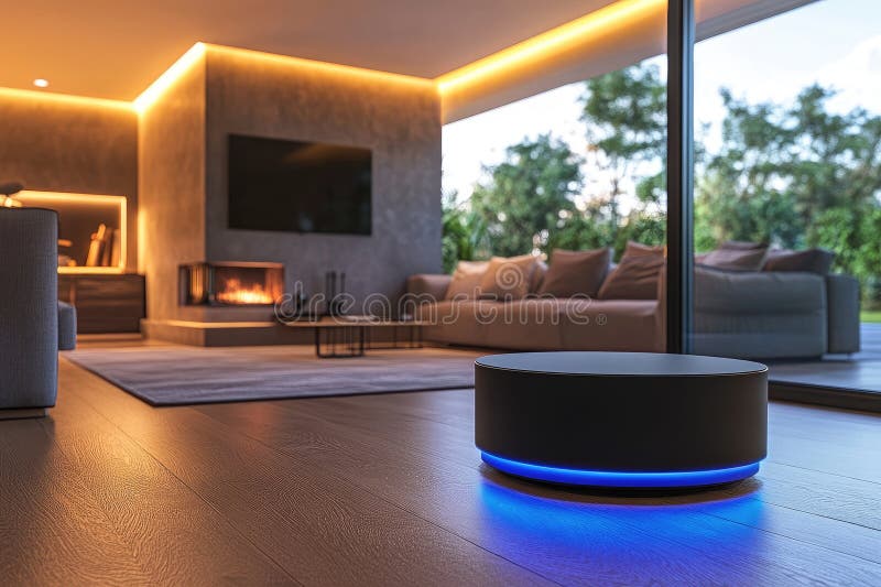 Smart Speaker Assistant Controlling Modern Living Room with Fireplace ...