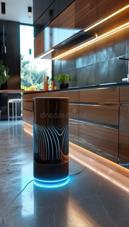 Smart Speaker in High-Tech Kitchen with Glowing Sound Waves for Modern ...