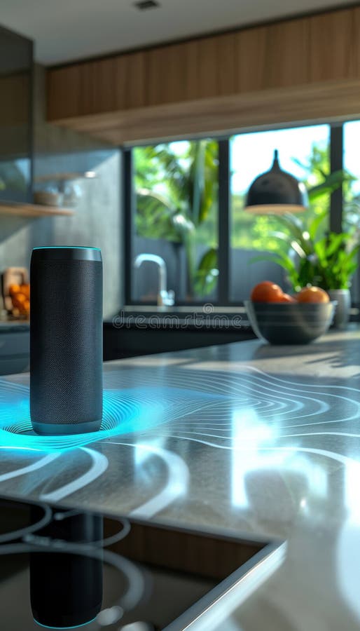 Smart Speaker in High-Tech Kitchen with Glowing Sound Waves for Modern ...