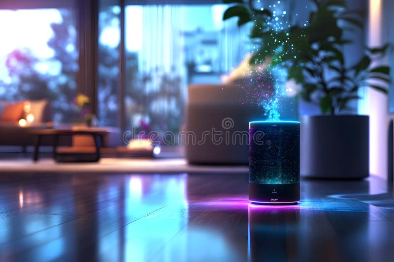 Smart Speaker with Holographic Display in Modern Living Room Stock ...