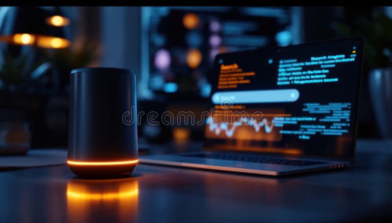 Smart Speaker Illuminated beside Laptop Displaying Code Stock Image ...
