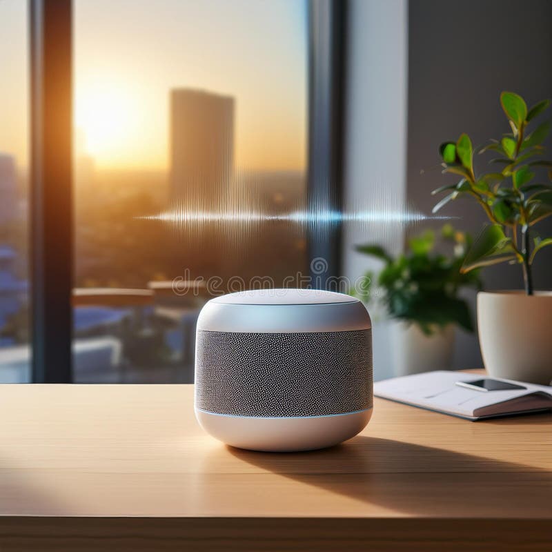 Smart Speaker on a Minimalist Desk, Soundwaves Emanating, Representing ...