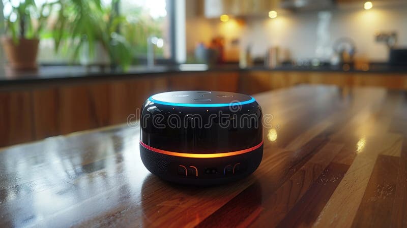 Smart Speaker on Wooden Table Stock Photo - Image of technology, table ...