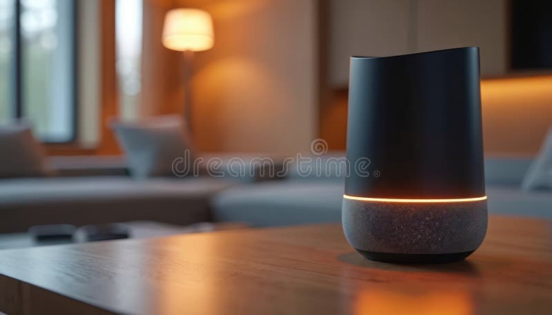 Smart Speaker on Wooden Table in Modern Home Interior. Voice Control ...