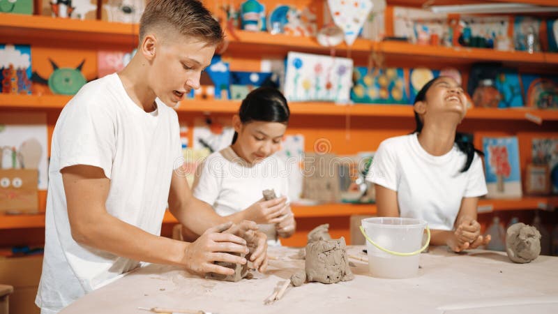 Clay Piece Placed on Table while Diverse Children Modeling Clay ...