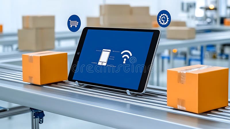 Smart Tablet on Conveyor Belt in Factory Setting, Showcasing Logistics ...