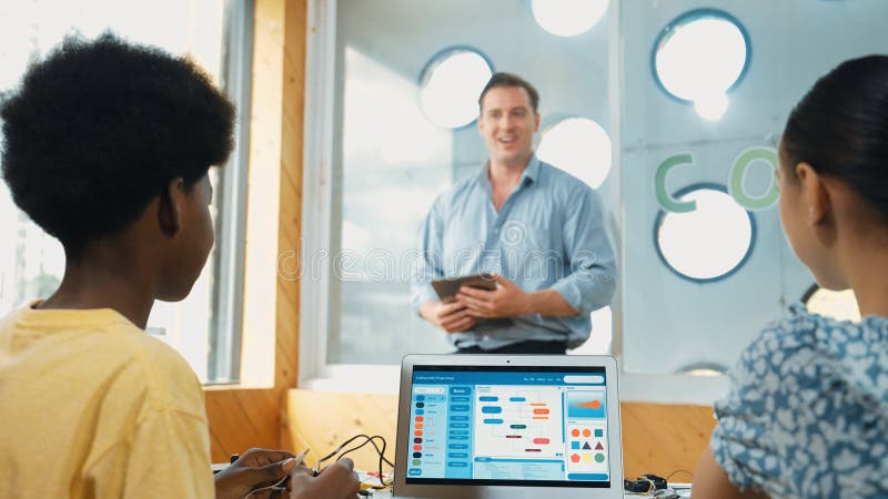 Smart Teacher Hold Tablet while Back View Student Learning Code ...