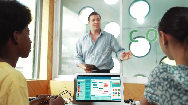 Smart Teacher Hold Tablet while Back View Student Learning Code. Edification Stock Video - Video ...