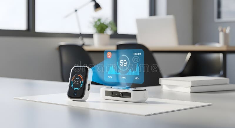 Smart Tech on Desk: Future Interface and Device Displays Time and Data ...