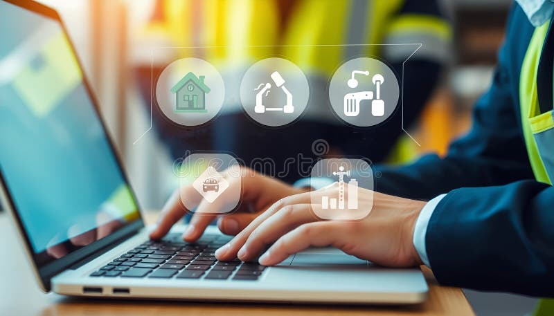 Smart Technology and Automation Icons on a Laptop in a Modern Workspace ...