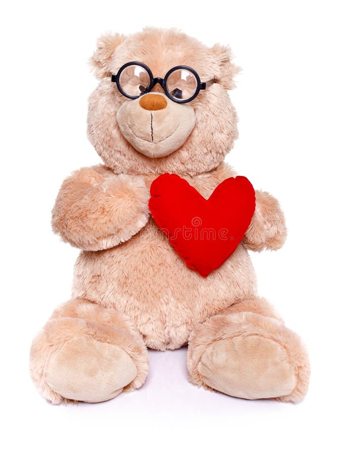 Smart Teddy Bear with Red Heart Stock Photo - Image of bear, glasses ...