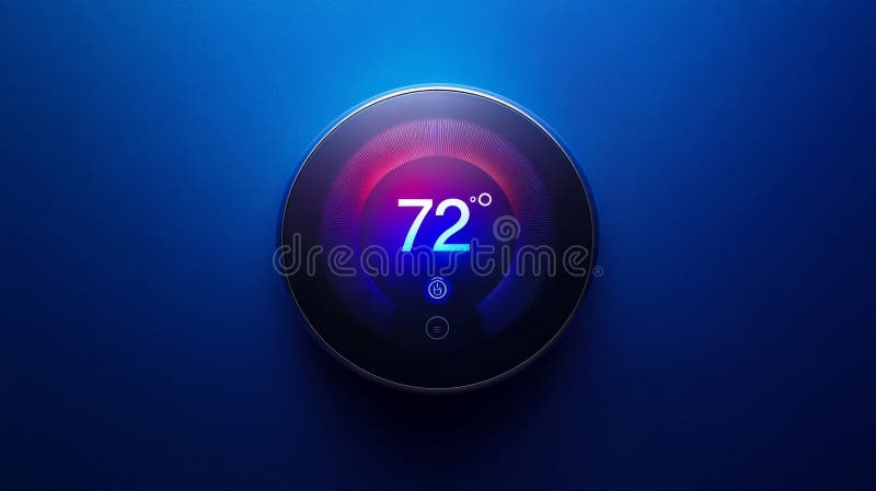Smart Thermostat Displaying 72 Degrees on Blue Background Stock ...